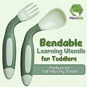 Mars Baby Silicone Baby Spoons Set for Self-Feeding - Bendable Learning Utensils for Toddlers - Perfect for Introducing Solids - With Travel Case - Green