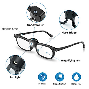 Delixike 200% Magnifying Glasses with Light,LED Lighted Magnification Eyeglasses, Bright Sight Hands Free Magnifier for Close Work, Jewelry,Craft, Reading, Hobby