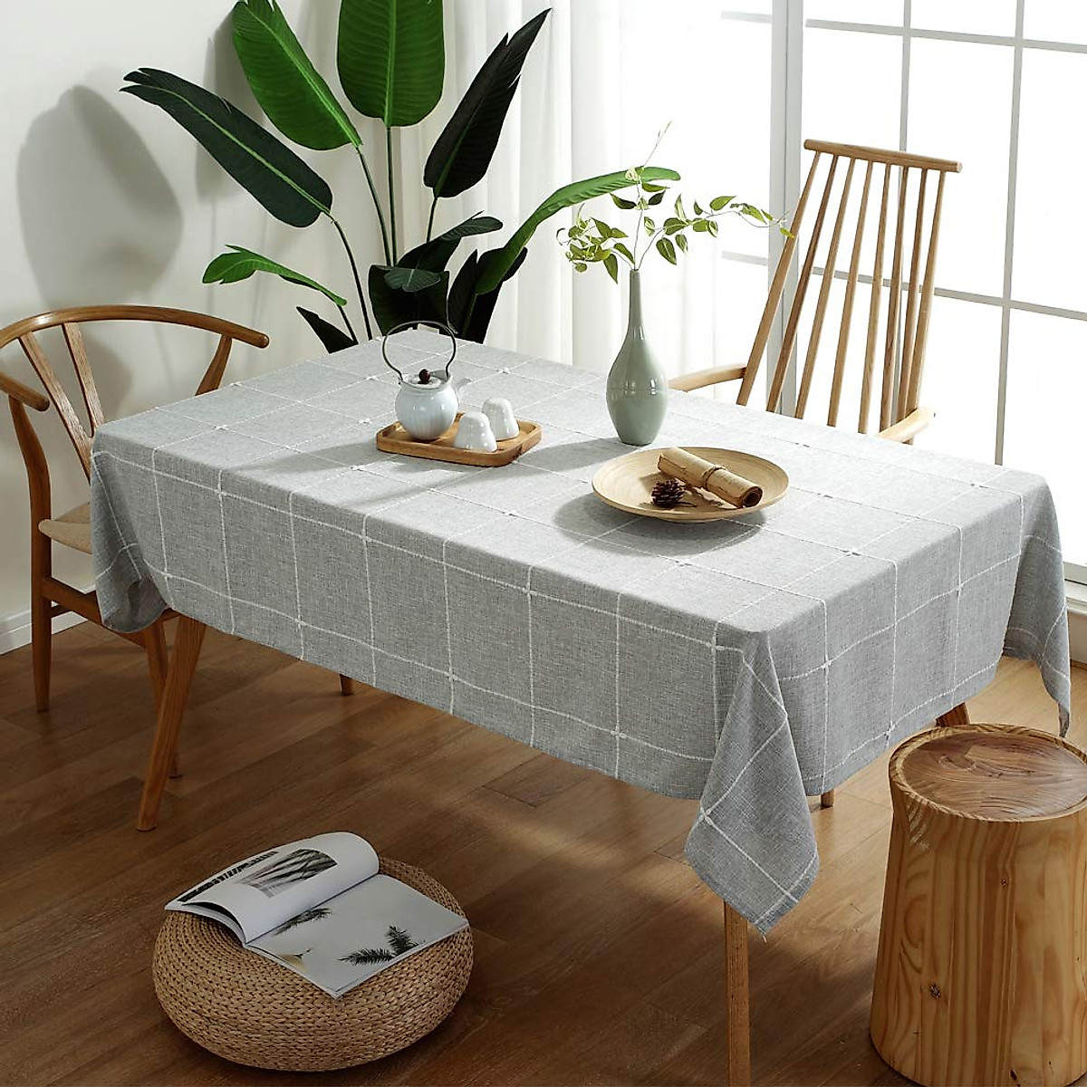 TruDelve Cotton Linen Tablecloth Rectangle Grey Fabric Table Cloth Vintage Farmhouse Table Cover for Rectangle Tables (52"x86", Grey)