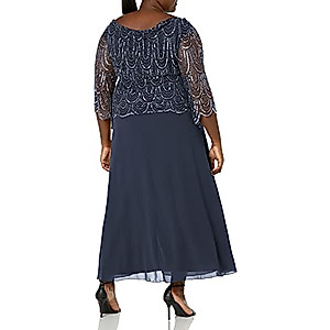 J Kara Women's Plus Size 3/4 Scallop Beaded Pop Over Gown, Navy/Mercury, 20W
