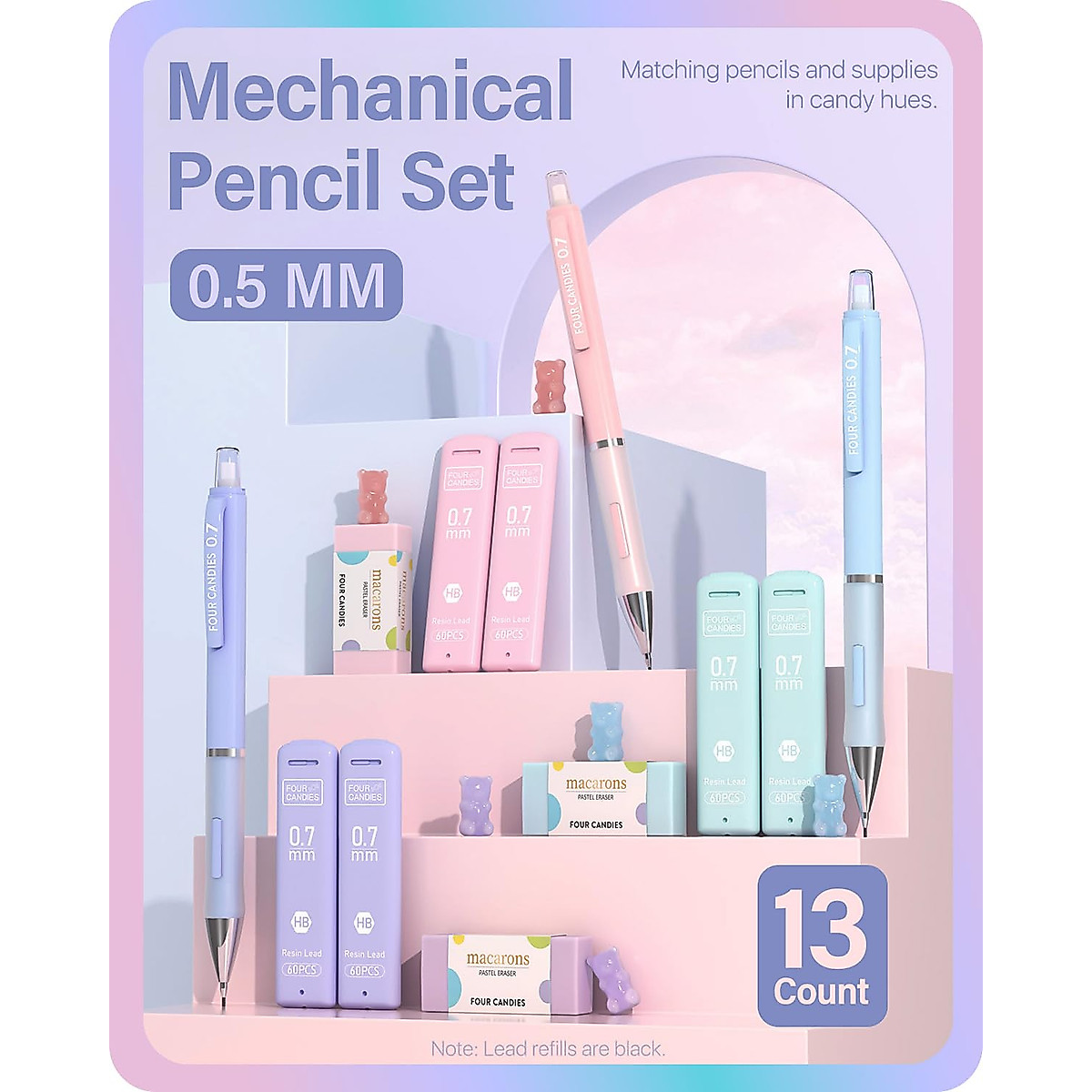 Four Candies Pastel Mechanical Pencil Set - 3PCS 0.5mm Mechanical Pencils with 240PCS HB Lead Refills, 3PCS Erasers and 9PCS Eraser Refills, Cute Colored Mechanical Pencils for Drawing & Writing