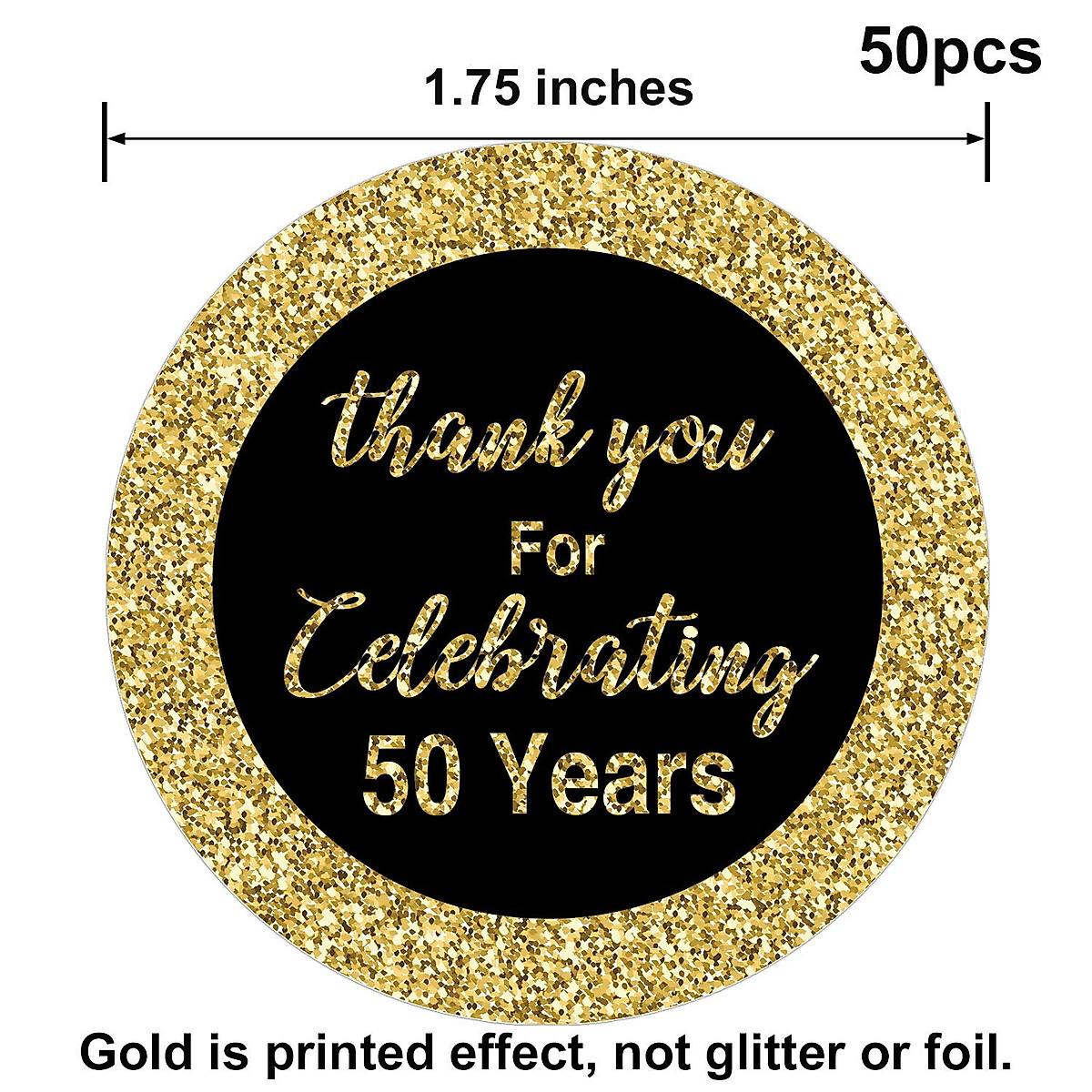 Careland 50th Birthday Stickers, Gold 1.75 Inch Round Circle Labels, 50 Reusable Decorations for Anniversary Party, Pack of 50