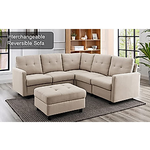 Ouchtek 5-Pieces Modular Sectional Sofas, Comfy L Shape Sofa Couch for Living Room Small Space Linen Fabric Furniture Sets Modern Apartment Sofa Without Ottoman, Light Grey