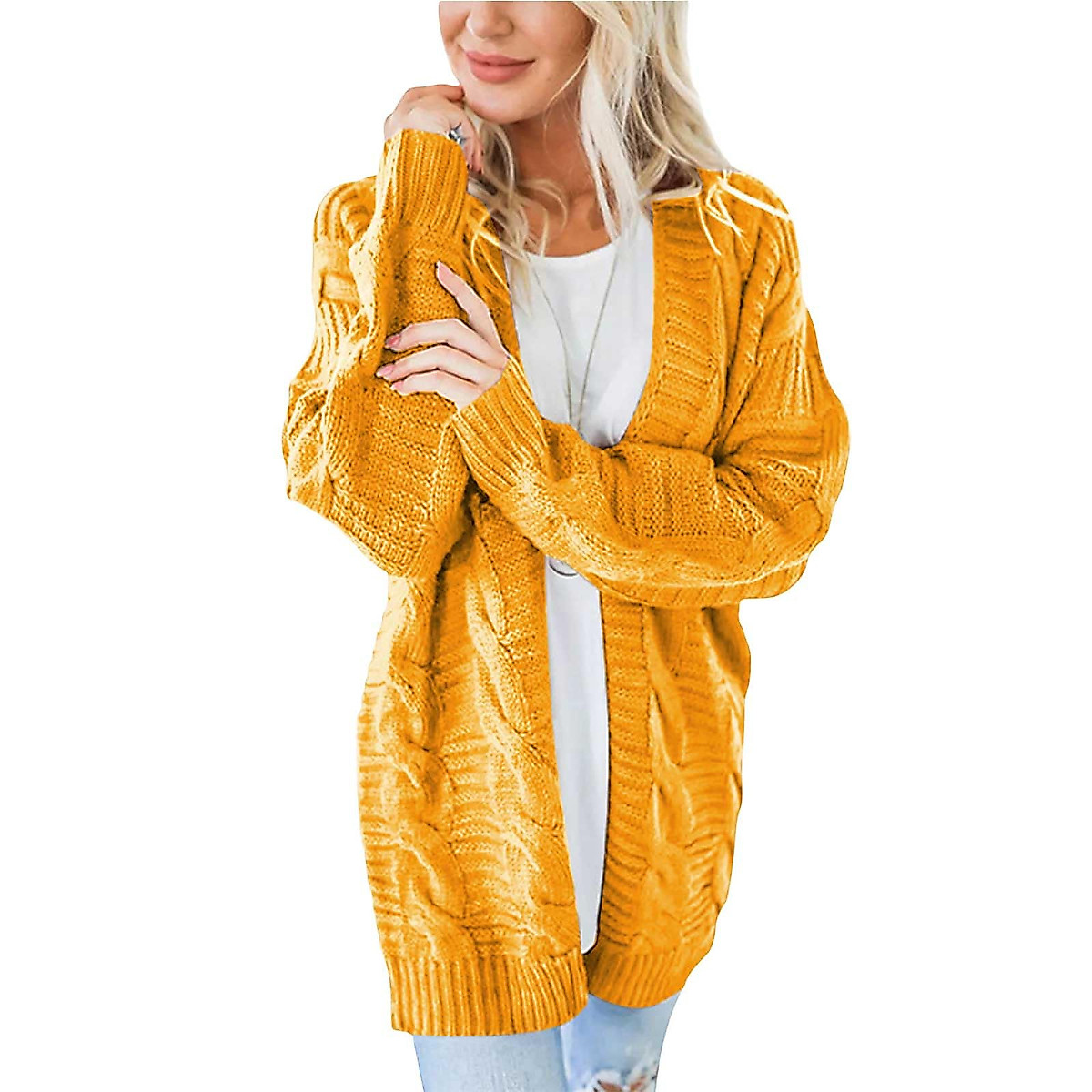Must Haves from tiktok Sweater Cardigan for Women Solid Color Oversized Sweater Mid Length Coarse Sweater Cropped Cardigan (5-Yellow, L)