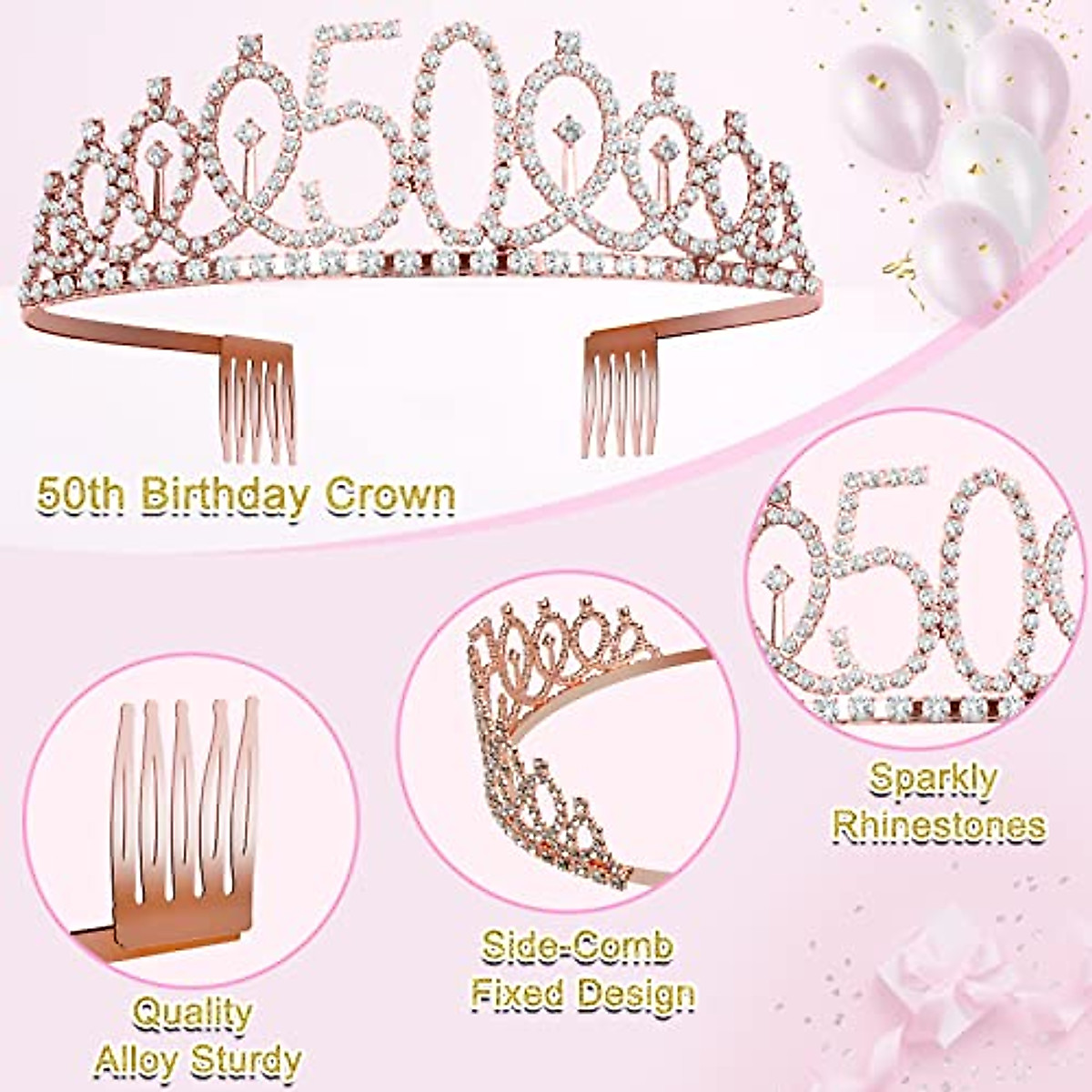 Gaciban 50th Birthday Decorations Women，50th Birthday Crown and Sash, Cake Topper, Birthday Candles, Napkins Sett, 50th Birthday Gifts for Women (Rose Gold)