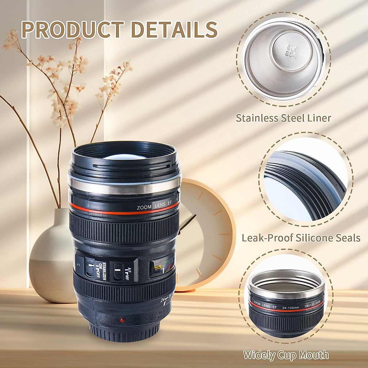 Newvenper Camera Lens Coffee Mug, 304 Stainless Steel Lens Insulated Travel Coffee Mug, BPA Free, Leak Proof, with 2 Lids, for Hot and Cold Drinking Coffee, Tea and Beer, 13.5floz