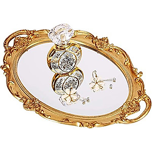 Zosenley Polyresin Ellipse Antique Decorative Mirror Tray, Makeup Organizer, Jewelry Organizer, Serving Tray, 9.8”x 14.6”, Gold