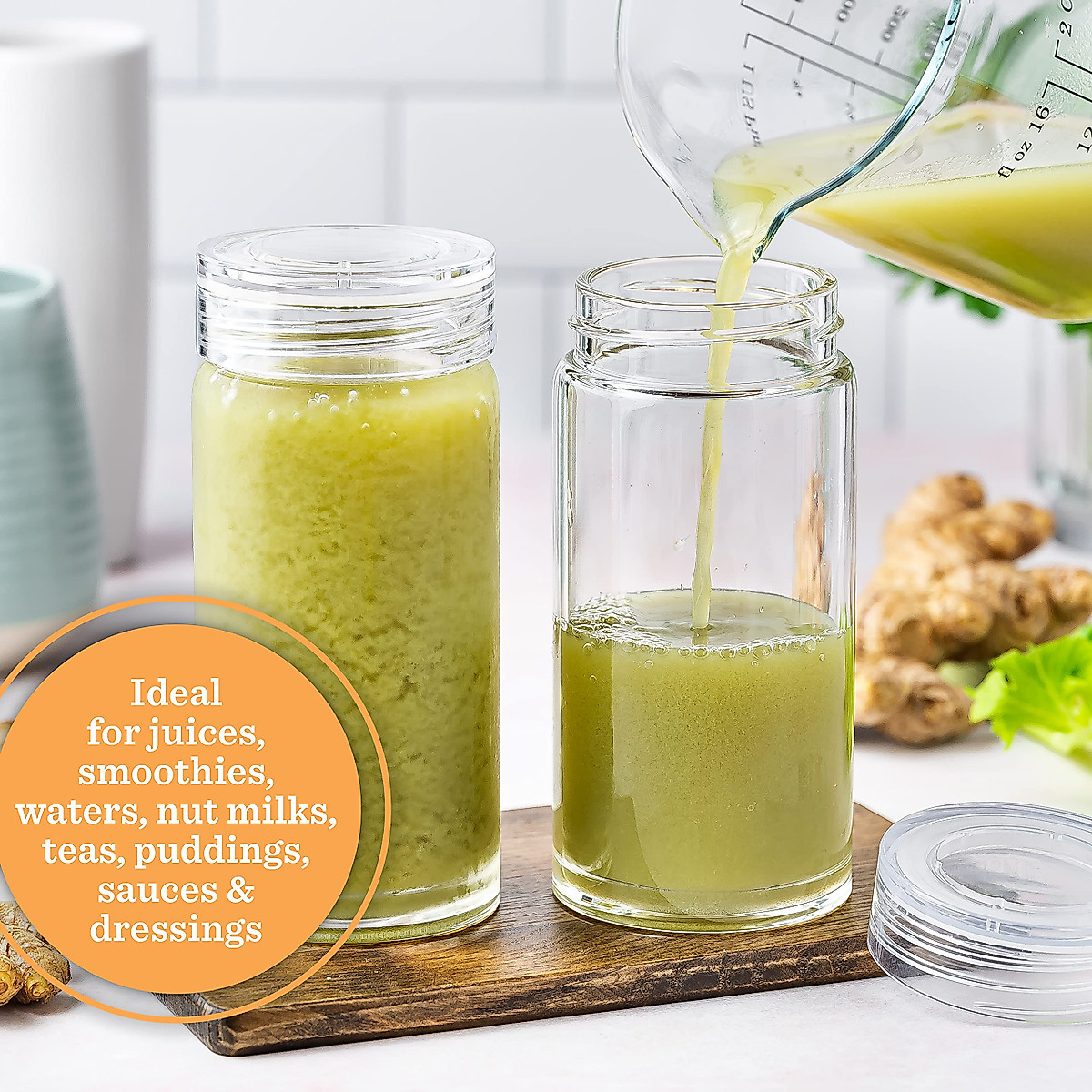 Glass Water Bottles - 4 Pack Wide Mouth Juice Bottles with Clear Lids for Juicing, Smoothies, Fruit Water, Teas, Beverage Storage (10 oz)