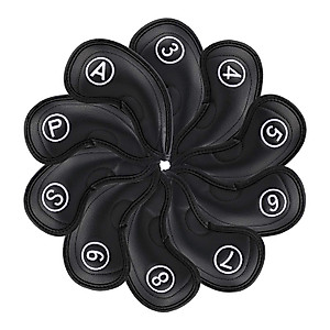 Golf Irons Club Head Covers, Golf 10pcs Set Thick PU Leather Waterproof Head Covers with Number Tag 3-9/A/P/S Fit Most Irons Club (Black)