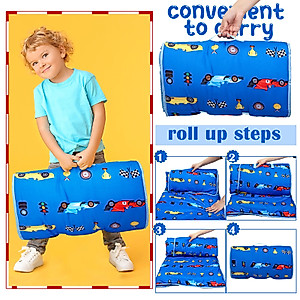 Newwiee Toddler Nap Mat Kids Sleeping Mat with Removable Pillow Blanket Toddler Sleeping Bag Rolled Sleep Mats for Girl Boy Preschool Daycare Travel Camping, 20" x 50" Fit Standard Cot (Racing Car)