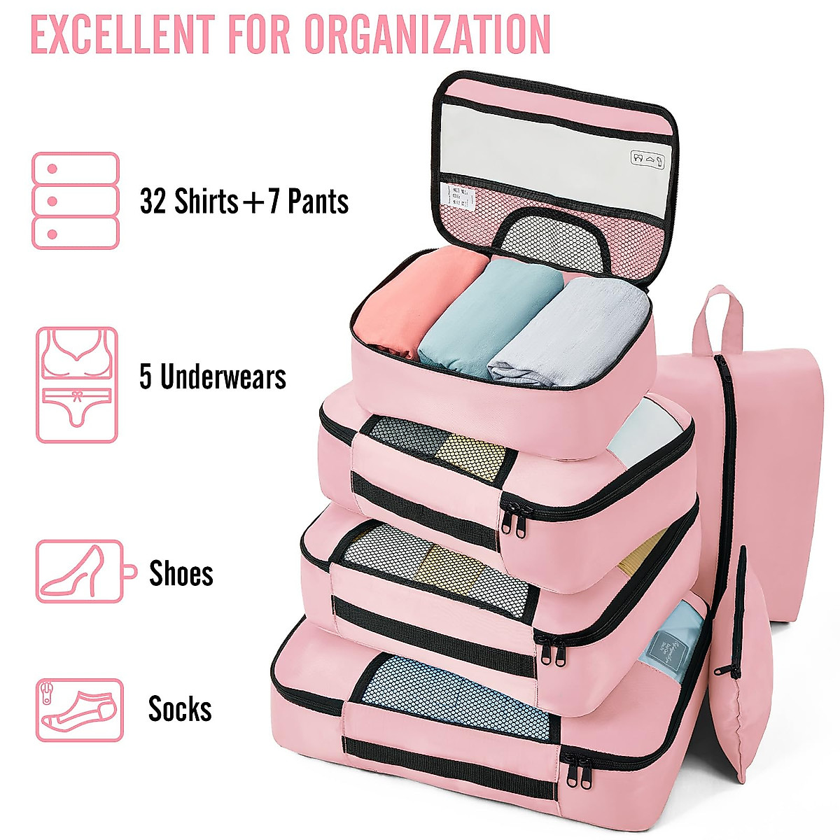 Veken 8 Set Packing Cubes for Travel, Suitcase Essentials Organizer Bags Set for Luggage, Road Trip Travel Accessories in 4 Sizes (Extra Large, Large, Medium, Small), Pink