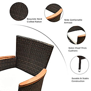 ReunionG 9PCS Outdoor Patio Dining Set, Garden Rattan Wick Furniture Set w/Acacia Wood Table and Stackable Armrest Chairs, Garden Dining Set for Patio, Poolside, Balcony and Indoor, Cushions Included