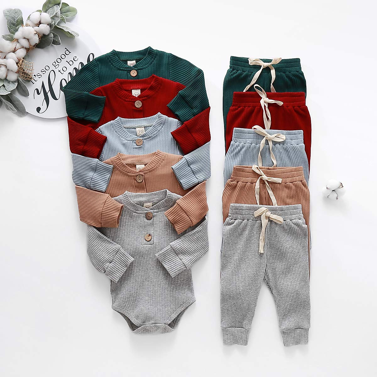 Ledy Champswiin Winter Newborn Baby Boy Girl Clothes Set Ribbed Outfits Unisex Infant Solid Long Sleeve Tops Pants 2PCS