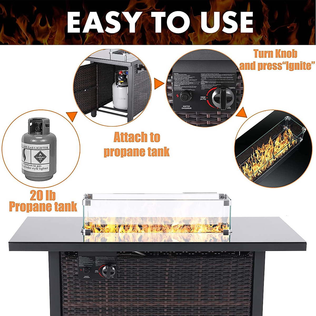 43 Inch Propane Fire Pit Table, 50,000 BTU Auto-Ignition Rattan Gas Fire Pit Table with Glass Wind Guard, CSA Approved for Outdoor Garden, Patio, Deck Poolside.