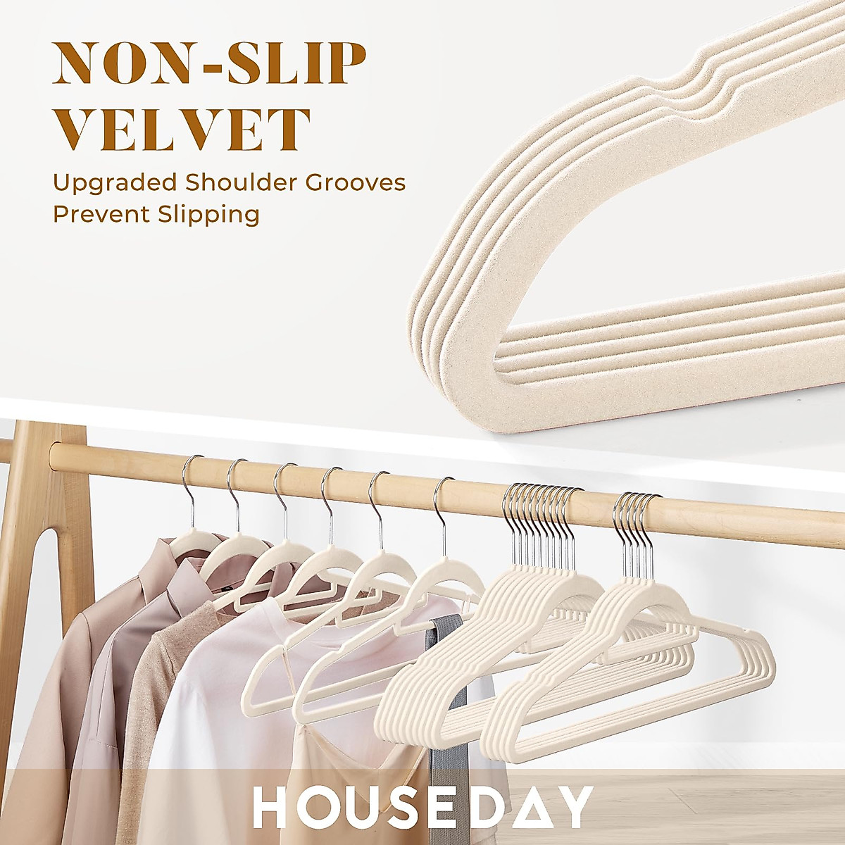 HOUSE DAY Velvet Hangers with Tie Bar 20 Pack Ivory, Clothes Hangers Non-Slip, Space Saving Felt Hangers for Pants, Coat, Suits, Shirt, Scarf, No Hanger Marks