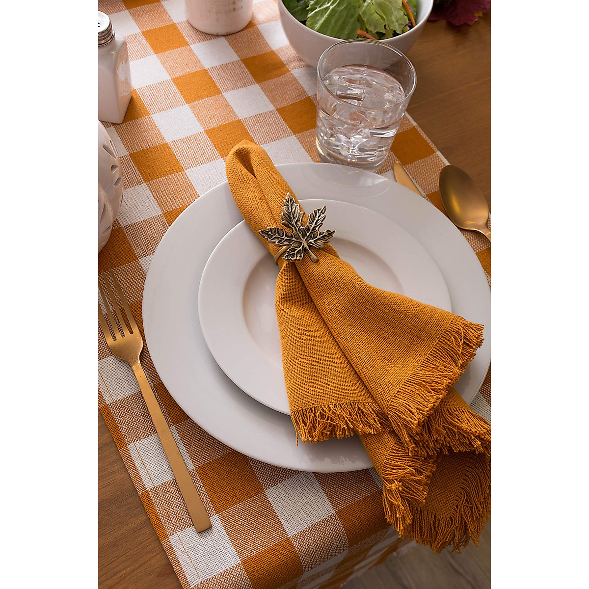 DII Heavyweight Fringed Check Tabletop Collection, Table Runner, 14x108, Pumpkin Spice
