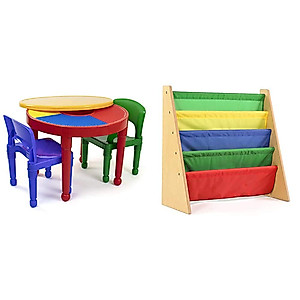 Humble Crew Kids 2-in-1 Plastic Building Blocks Activity Table and 2 Chairs Set + Kids Book Rack Storage Bookshelf, 4 Tiers