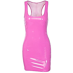 Women Leather Sleeveless Dress Bodycon Sexy Shiny Metallic U Neck Wrap Dress Zip Up Club Party Wear Latex Mini Dress (Pink, Small)