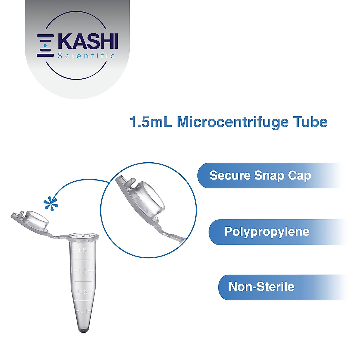 Kashi Scientific 1.5mL Microcentrifuge Tube with Snap Cap [1000/Pack] 1.5 mL Centrifuge Tubes with Flip Cap, Clear Graduation, Polypropylene, Plastic Lab Snap Tubes