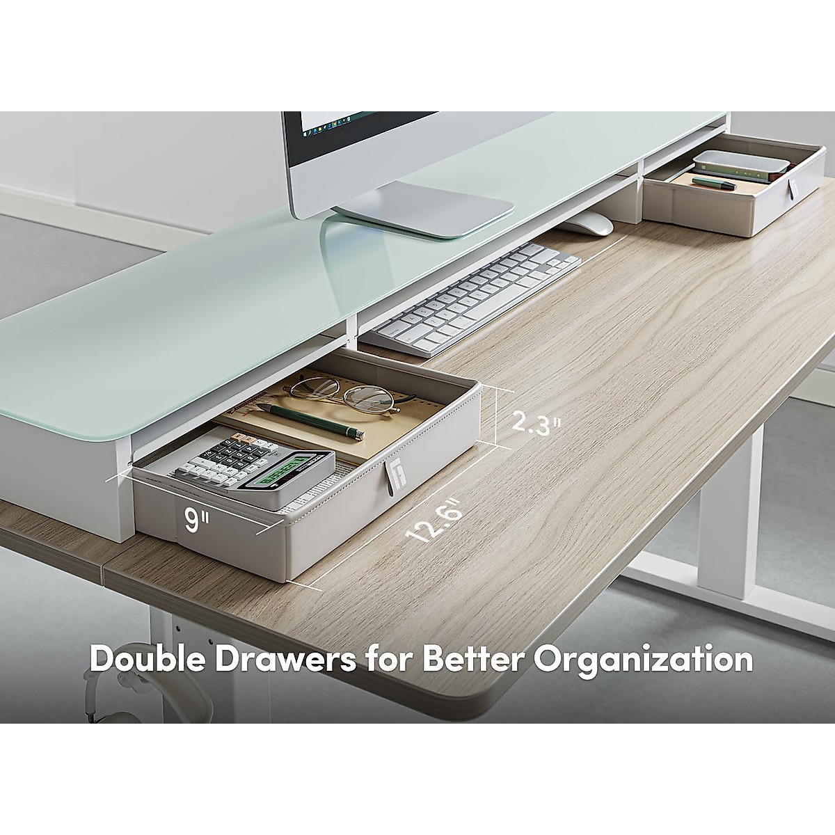 FEZIBO Electric Standing Desk with Glass Top Monitor Stand,55 x 26 Inch Adjustable Sit Stand Up Table with Double Drawer, Sit Stand Desk with Storage Shelf, White Frame/Light Walnut Top