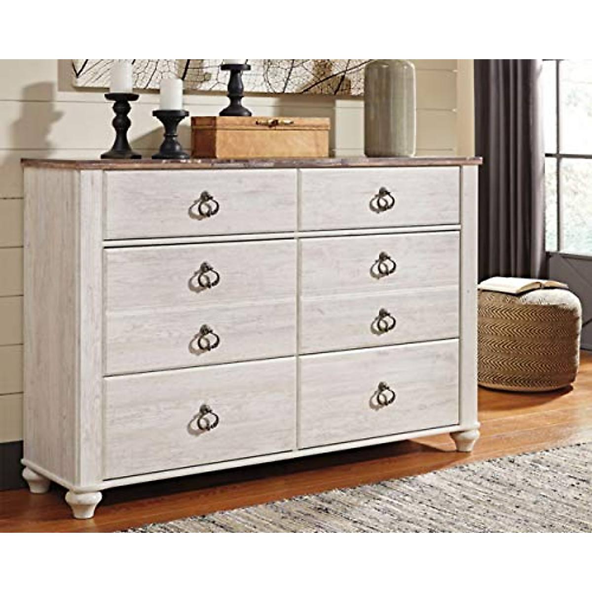 Signature Design by Ashley Willowton Coastal Cottage 6 Drawer Dresser with Faux Plank Top, Whitewash