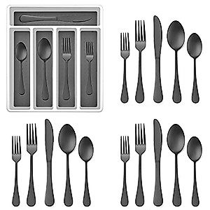 20-Piece Black Silverware Set with Tray, E-far Stainless Steel Flatware Cutlery Set Service for 4, Eating Utensils Tableware with Plastic Organizer for Home Kitchen, Matte Finished & Dishwasher safe