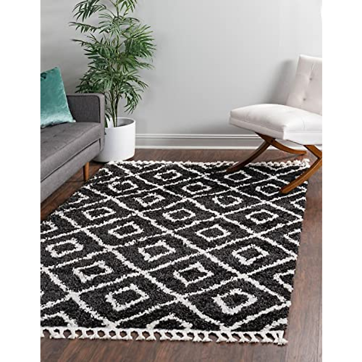 Unique Loom Hygge Shag Collection Area Rug - Diamond (9' x 12' Rectangle, Black and White)