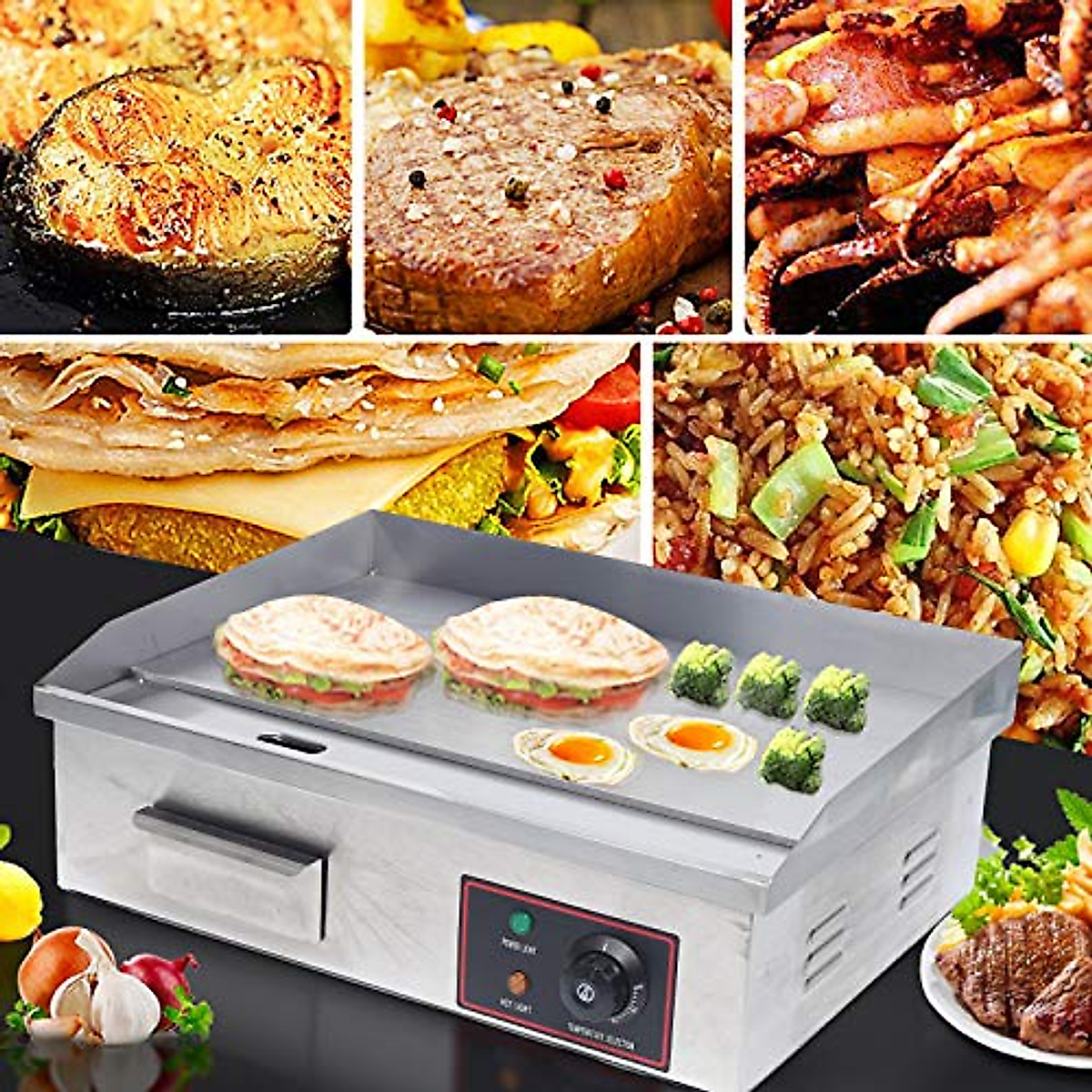 Electric Griddle, 110V Commercial Restaurant Countertop Grill Stainless Steel Flat Top Griddle Nonstick Teppanyaki Machine with Adjustable Temperature Control 50-300℃ for Home Restaurant Kitchen