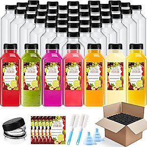 Skylety 200 Pcs Plastic Juice Bottles with Lids, Empty Clear Juice Bottles with Caps and Label, Juice Storage for Fridge with 2 Pcs Funnel and 2 Pcs Brush Beverage Containers for Juicing Milk (16 oz)