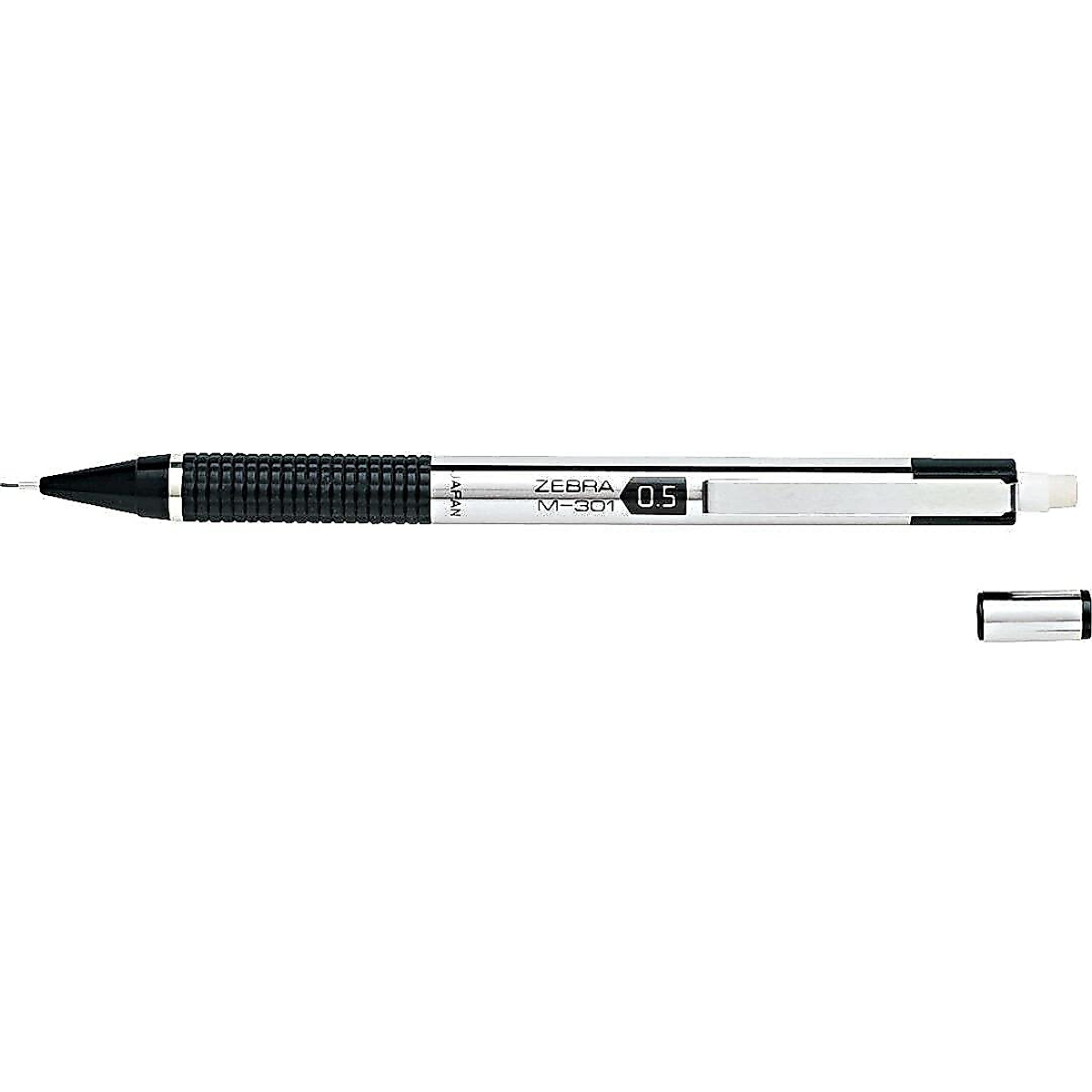 Zebra M-301 Stainless Steel Mechanical Pencil 0.5 mm Point Size, 6 Pack with 15 Bonus Erasers Refills - Standard HB Lead - Professional Black Grip