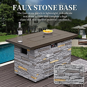 PIZZELLO 43" Propane Fire Pit Table Outdoor Rectangular Stone Firepit Table 50000 Btu Propane Fire Tables for Outside Patio with Glass Wind Guard, Lid, Fire Glass Beads, Pizzello Caldo (Gray Stone)