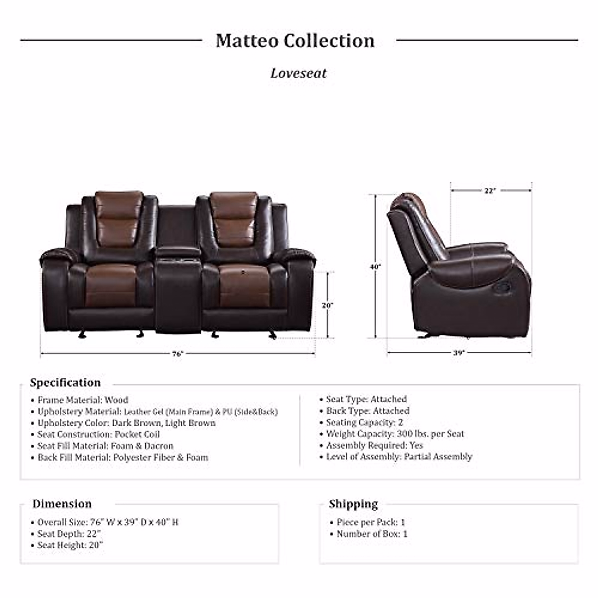Lexicon Home Theater Seating, Manual Gliding Reclining Loveseat with Center Console, Cup Holders, 2-Seat Dual Loveseat Recliner for Living Room, Two-Tone Brown​
