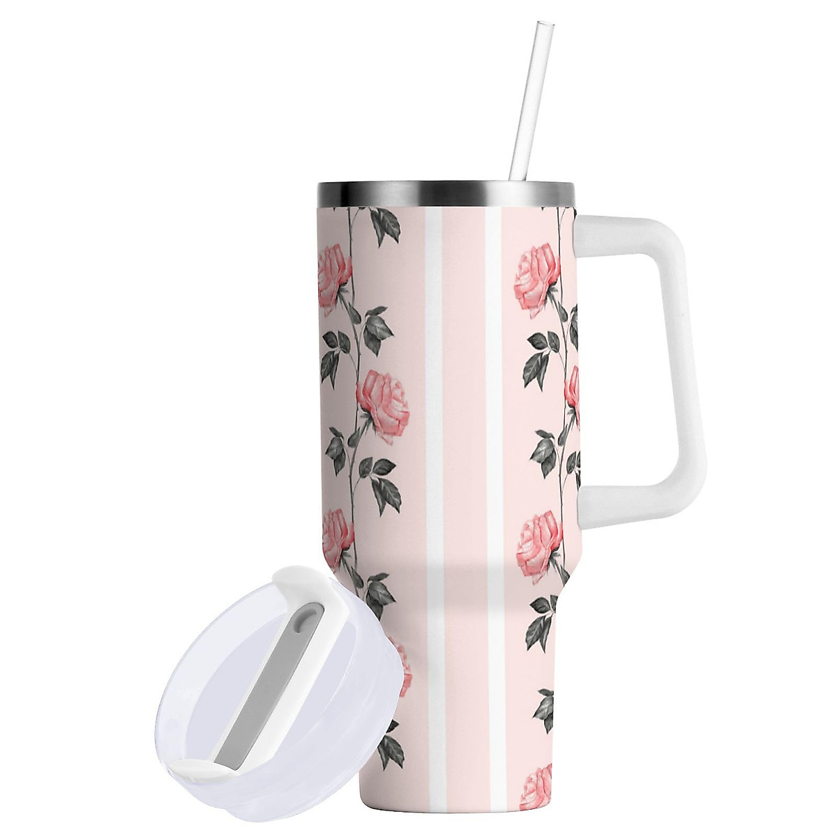 Adornlife Pink Striped Rose 30 oz Tumbler with Handle and Straw Lid, 100% Leak-proof Travel Coffee Mug, Stainless Steel Insulated Cup For Beverages, Cupholder Friendly