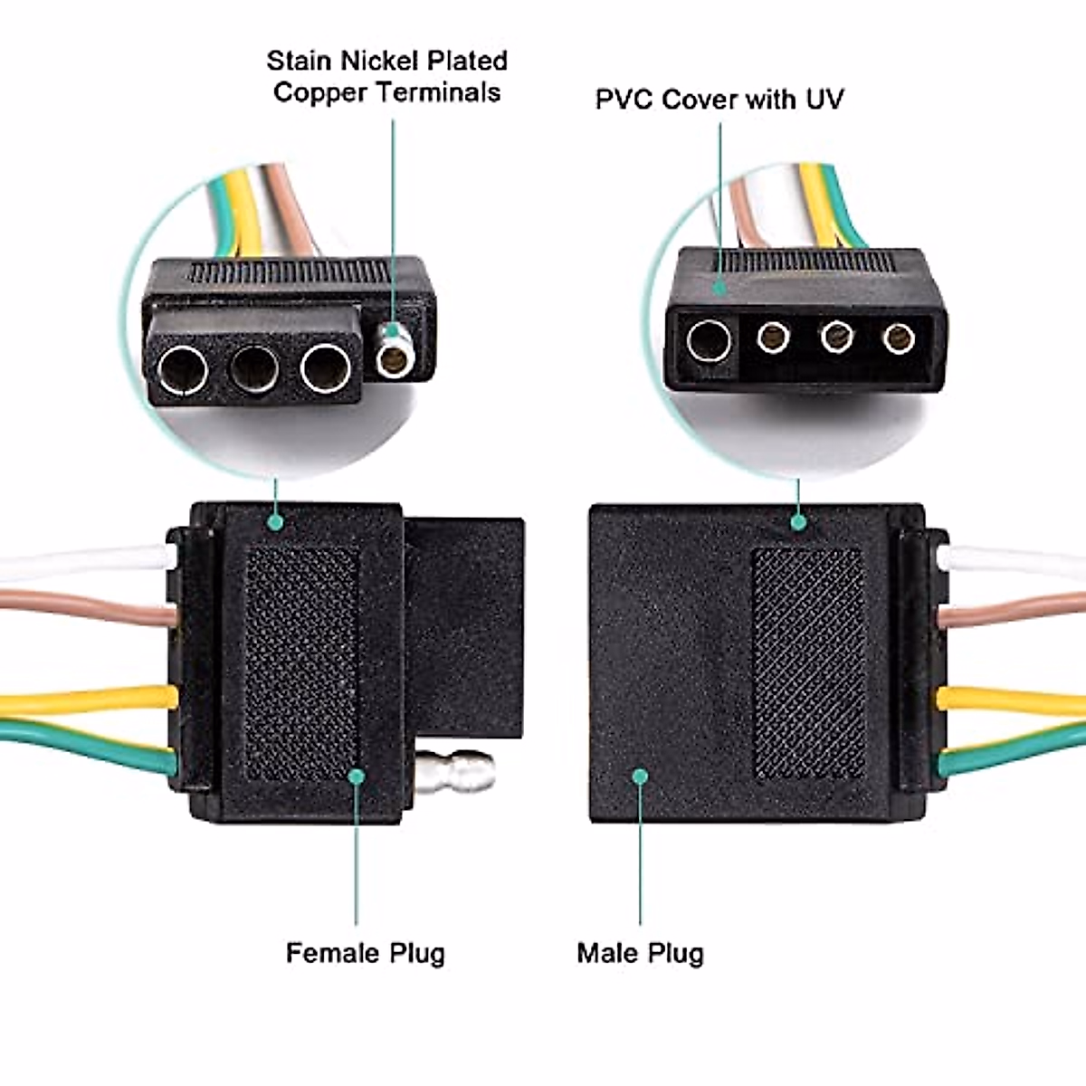 AUTOMAJOR 4 Pin Trailer Light Wire Harness Extension 1ft - 18AWG Cooper Core Wire with Male and Female PVC Plug - Replacement for All Types Trailer Boat RV Track Snowmobile Watercraft
