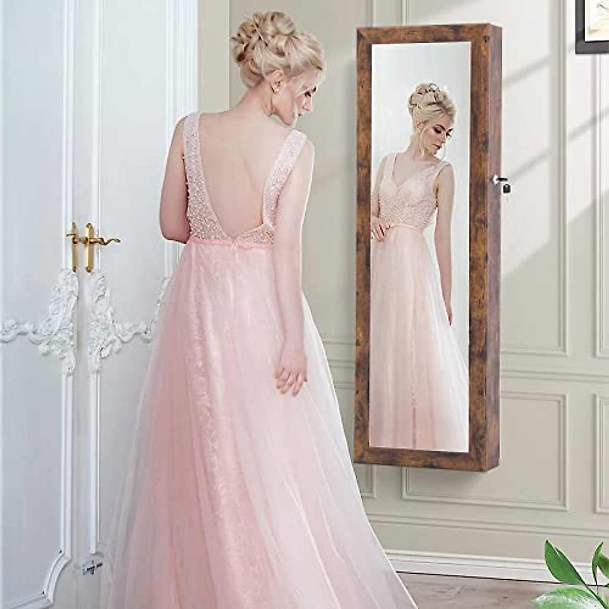 HOUAGI Mirror with Jewelry Storage,Over the Door Jewelry Armoire Organizer, Lockable Hanging/Wall Mount Jewelry Cabinet with Full Length Mirror