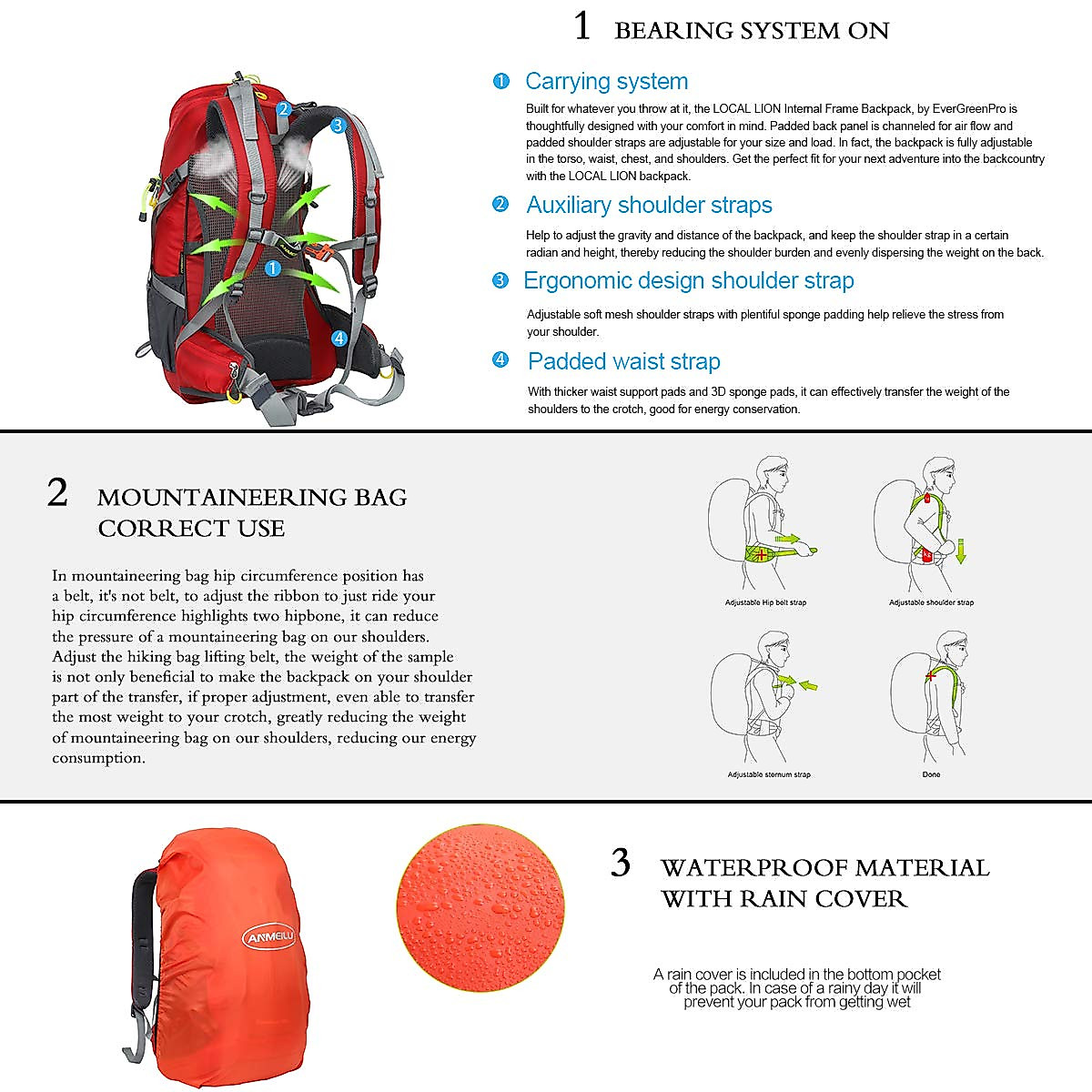 LOCALLION 40L Hiking Backpack Large Capacity Camping Daypacks Lightweight Travel Backpacks for Men Women