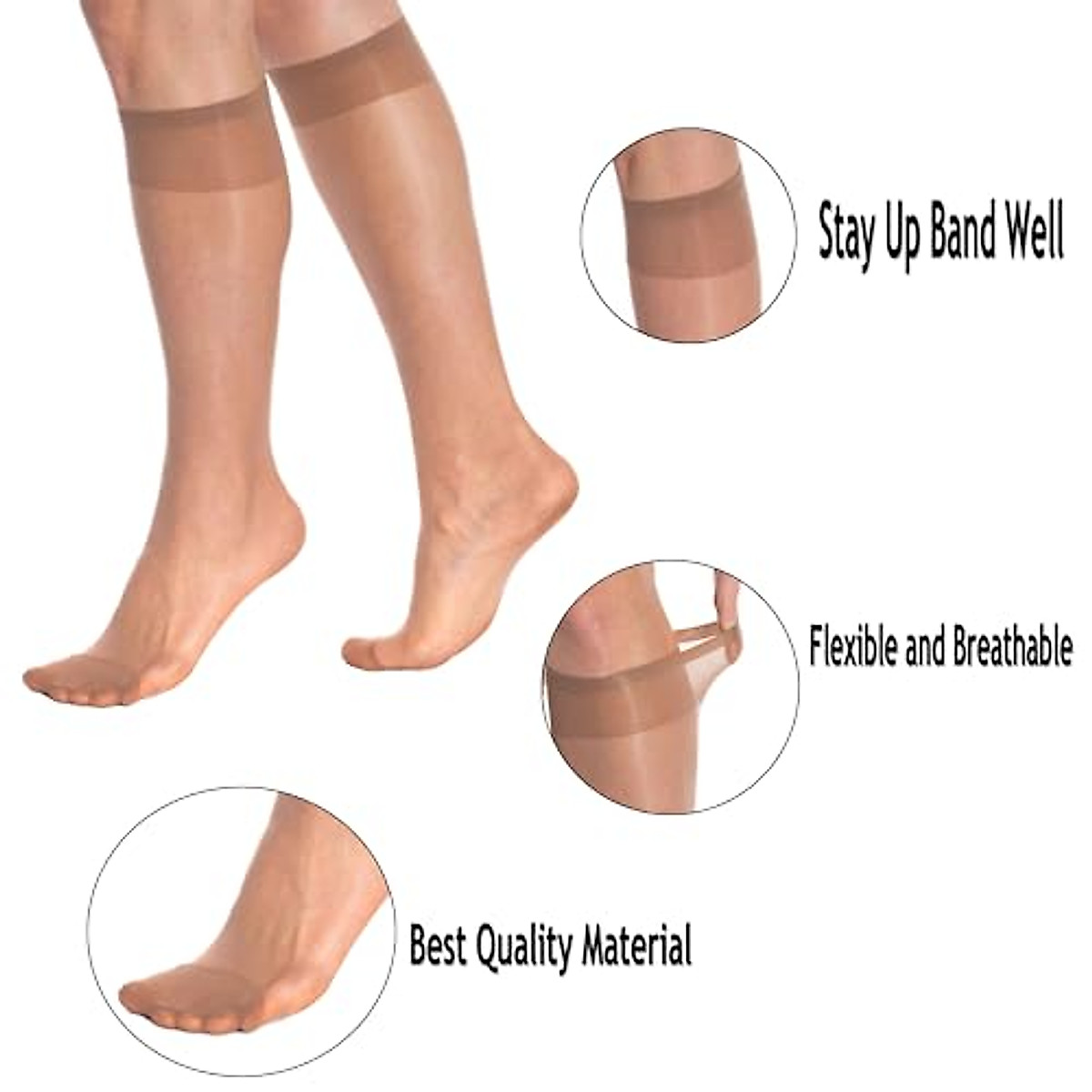 AWS/American Made 8 Pairs Sheer Knee High Socks for Women 15 Denier Stay up Band (Bronze)