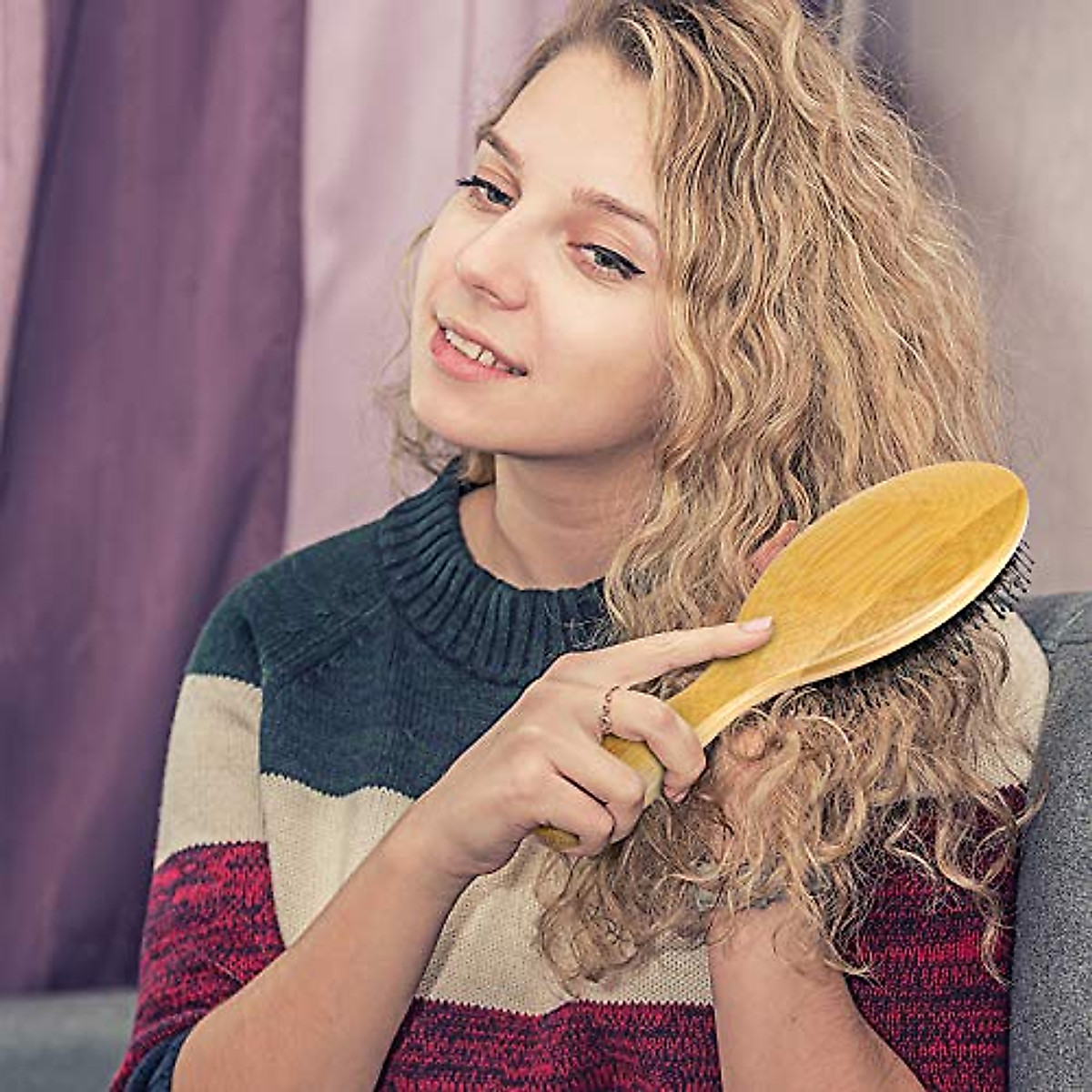 Natural Boar Bristle Wooden Bamboo Paddle Brush - Best Detangler for Women & Men's Curly and Thick Hair, Anti-Static, Reduces Hair Breakage