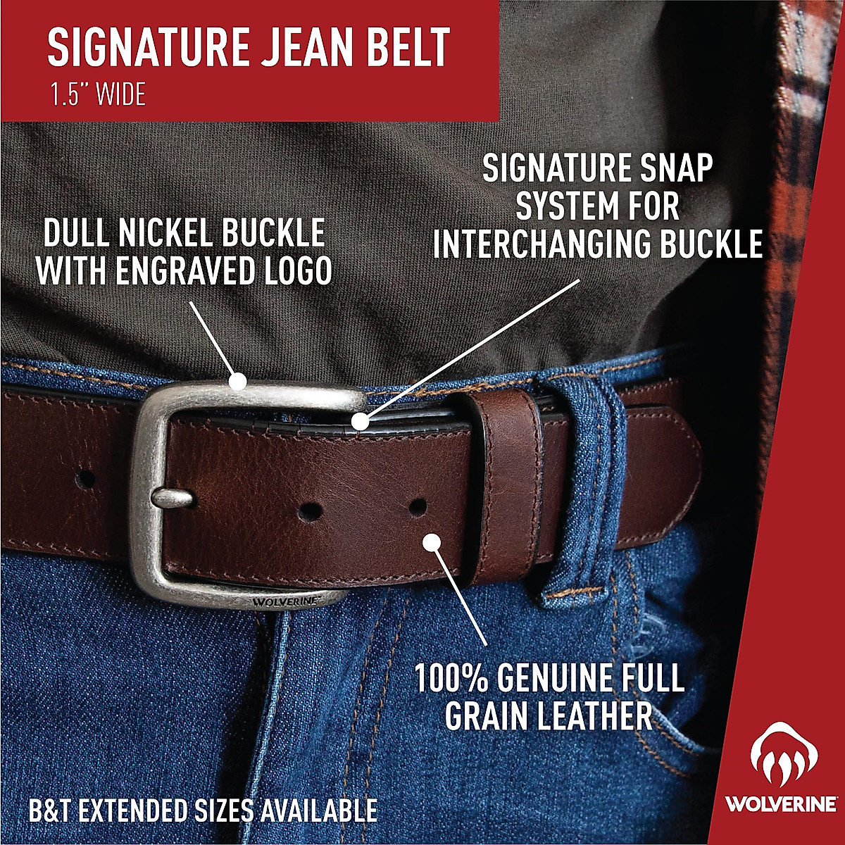 Wolverine Men Rugged Boot Leather Work Belt, Signature-Black, 44