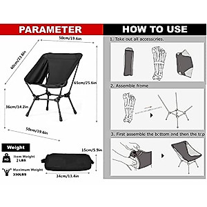 Ovyuzhen Portable Camping Chair, Folding Chair Supports 330lbs with Side Pockets Lightweight Heavy Duty for Outdoor Fishing Picnic Beach Hiking Backpacking Travel