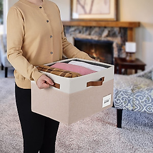 PFFVRP Large Storage Bins with Lids, Foldable Fabric Storage Baskets with Lids, Sturdy Storage Boxes with Labels and 3 PU Handles for Closet Home Bedroom Office (26L, Pink&White)