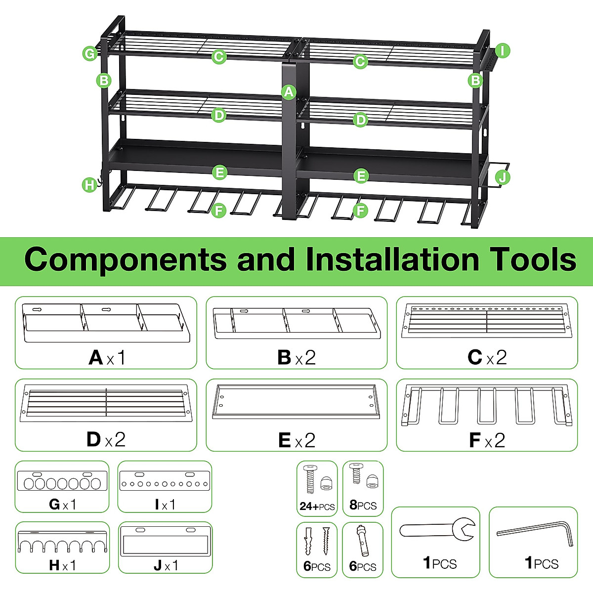 Sixfivsevn Power Tool Organizer, 8 Drill Holder Wall Mount, 4 Layers Garage Tool Organizers and Storage Rack, Heavy Duty Metal Tool Shelf with Hooks/Screwdriver Holder/Plier Holder/Hammer Holder