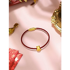 ZHOU LIU FU 24K Solid Gold Bracelet Real Gold Lucky Cat Charm Bracelet Yellow Gold Jewelry Fortune Cat Charm Bracelet for Women Red Bracelets (24K Solid Gold, 17cm /6.69 inch)