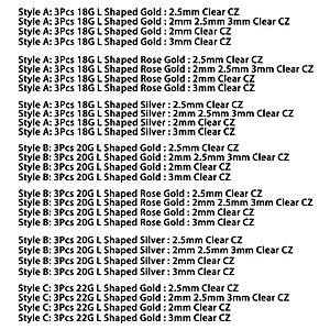 Zifoan 3 Pcs Stainless Steel Nose Rings Studs 20 Gauge L Shaped Curved Nose Piercing Jewelry 2mm 2.5mm 3mm Diamond CZ Nose Stud L Bend for Women Girl Piercing - Gold