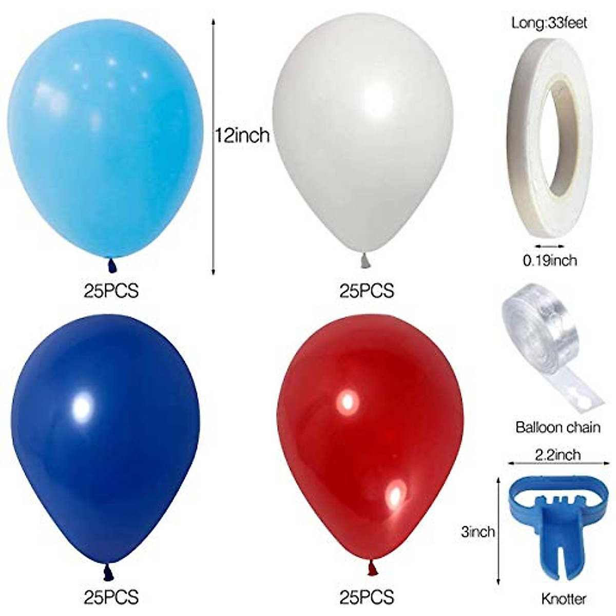 Balloon Garland Arch Kit-Blue, Red, White with Strip Tape, Blue Knotting Device, White Ribbon for Boy Party, Wedding,Birthday Party Decoration Gift