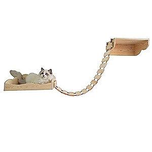 Cat Hammock Wall Mounted Cats Shelf and Climbing Shelf Four Step Cat Stairway with Sisal Scratching and Climbing Bridge Step Solid Wood Cat Tree Sleeping Playing Lounging Perching Cat Furniture