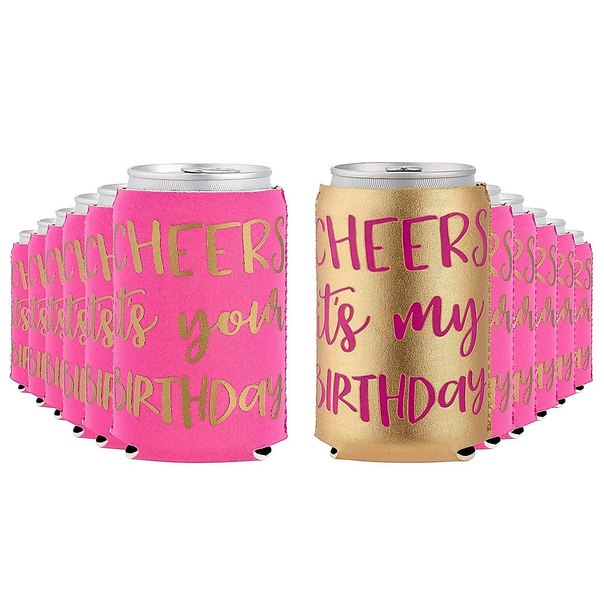 12 oz Birthday Neoprene Can Cooler Sleeves for Soda, Beer, Beverages (Pink, 12 Pack)