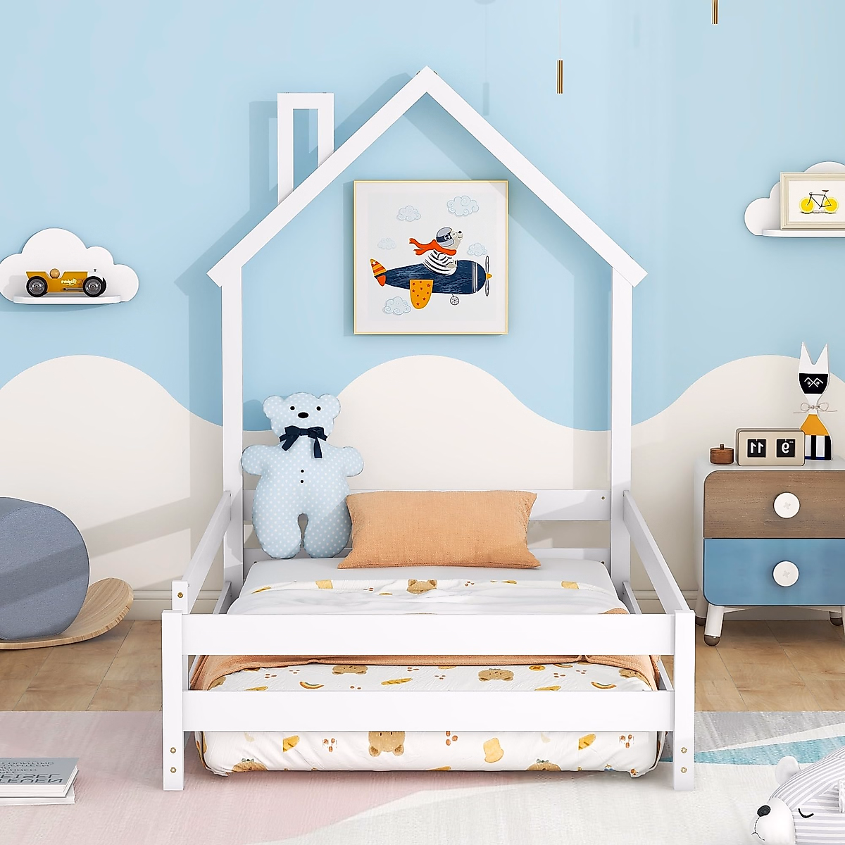 Floor Bed with Rails, Twin Size Montessori Bed with House Shape Headboard and Fence, Wood Floor Bed Frame for Kids Boys Girls, Box Spring Needed, White