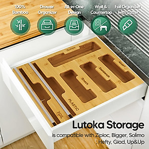 Ziplock Bag Organizer & Foil and Plastic Wrap Organizer with Cutter, 6 IN 1 Plastic Wrap Dispenser & Plastic Bag Organizer, Kitchen Bag Storage for Gallon, Quart, Sandwich, Snack, Bamboo
