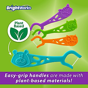 BrightWorks Kids’ Mixed Berry Dental Flossers [180 Floss Picks], plant-based handles, Colorful Animals add Fun to Support Healthy Habits, Easy-Grip Handle, Fluoride-Coated Floss. 60 count (Pack of 3)